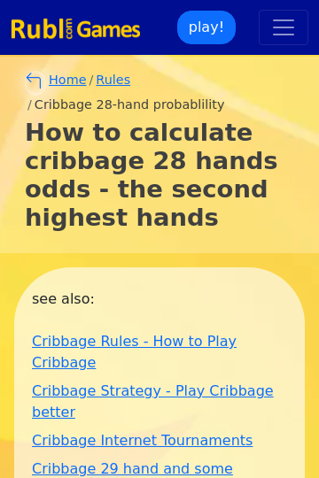Cribbage 28 hand odds. Cribbage math calculation of 28 hands probablility