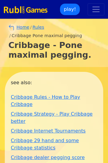Cribbage Pone maximal pegging. Cribbage statistics